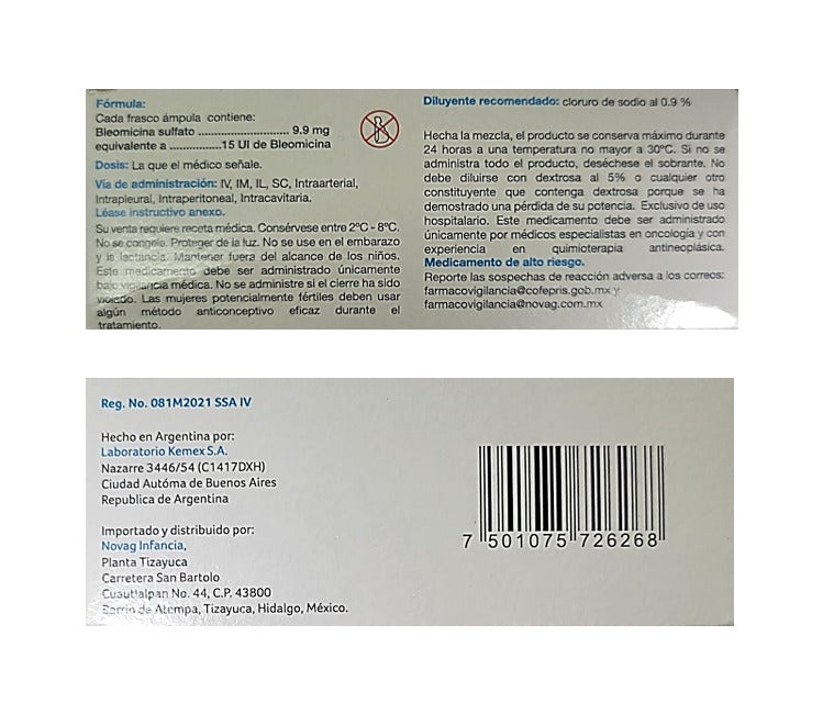 NOVAMEXAN,(BLEOMICINA) ámpula, 15 U/10 mL, Solución inyectable, KEMEX ...