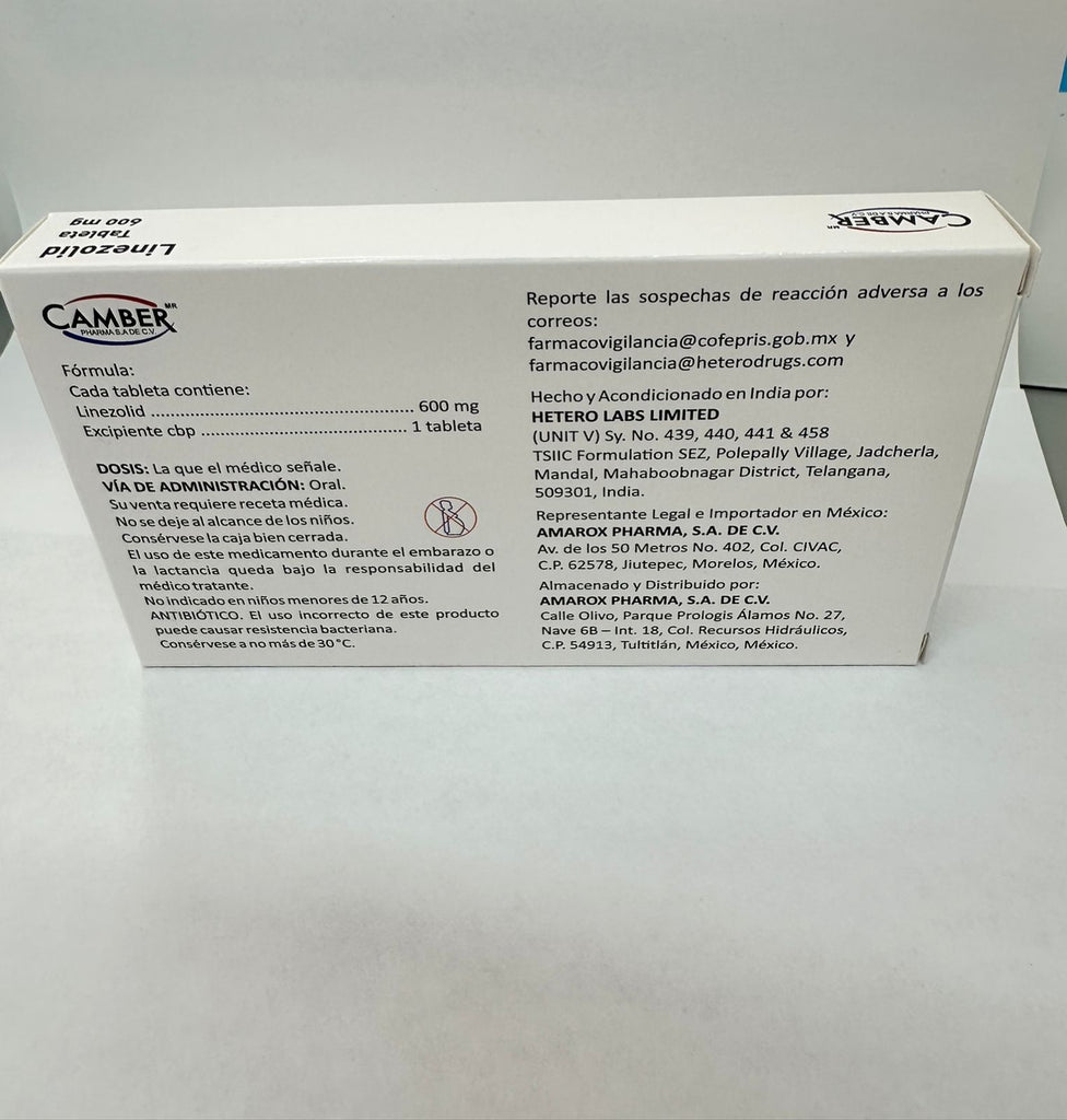 LINEZOLID, 600 mg, tabletas, CAMBER PHARMA S.A. DE C.V. – farmashop.mx